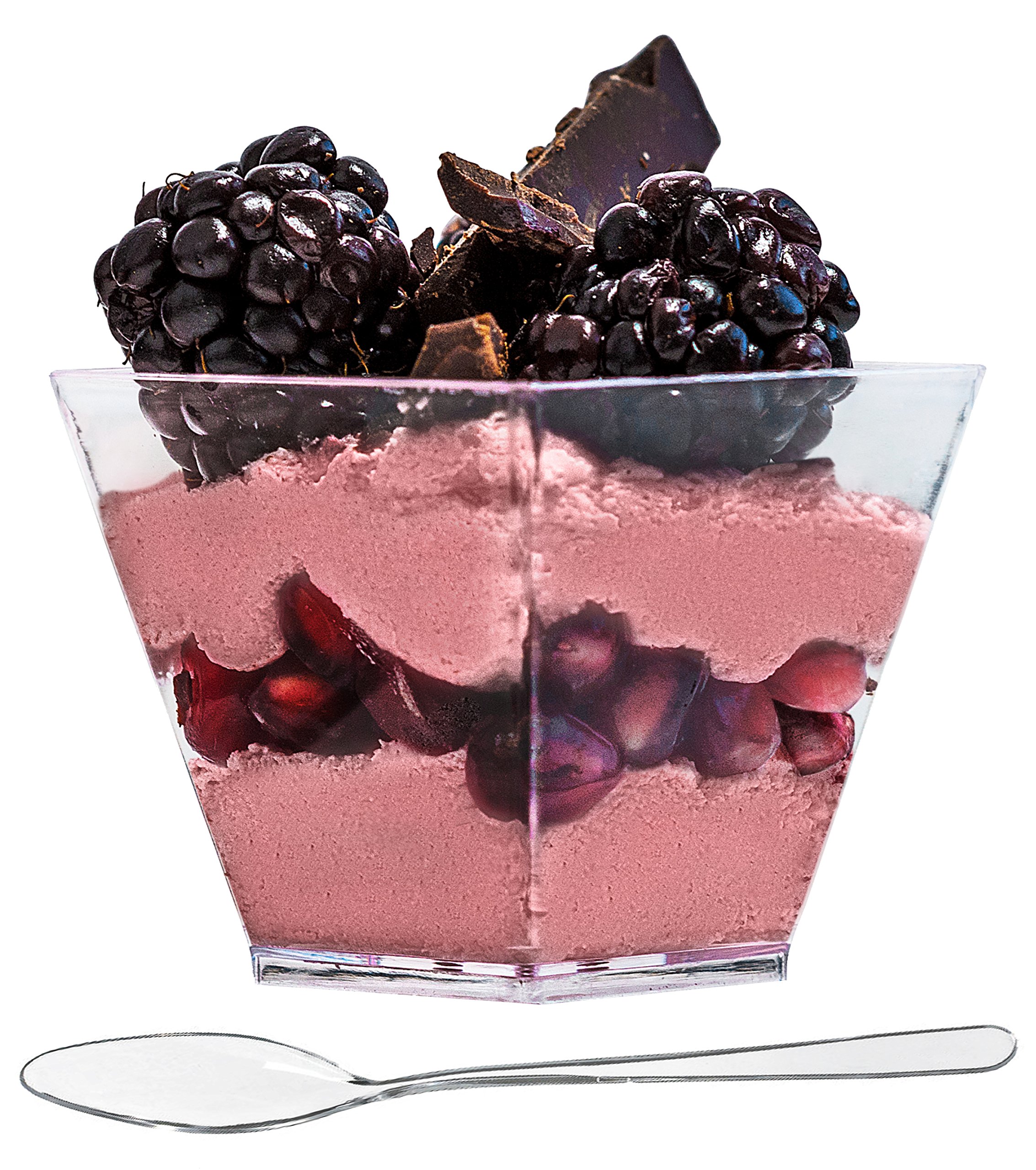 ImpiriLux 2 oz x 100 ct Dessert Cups with Spoons | Square Mini Plastic Dessert Cups + 100 Spoons | Chic Presentation of Desserts, Appetizers, Catering and Much More
