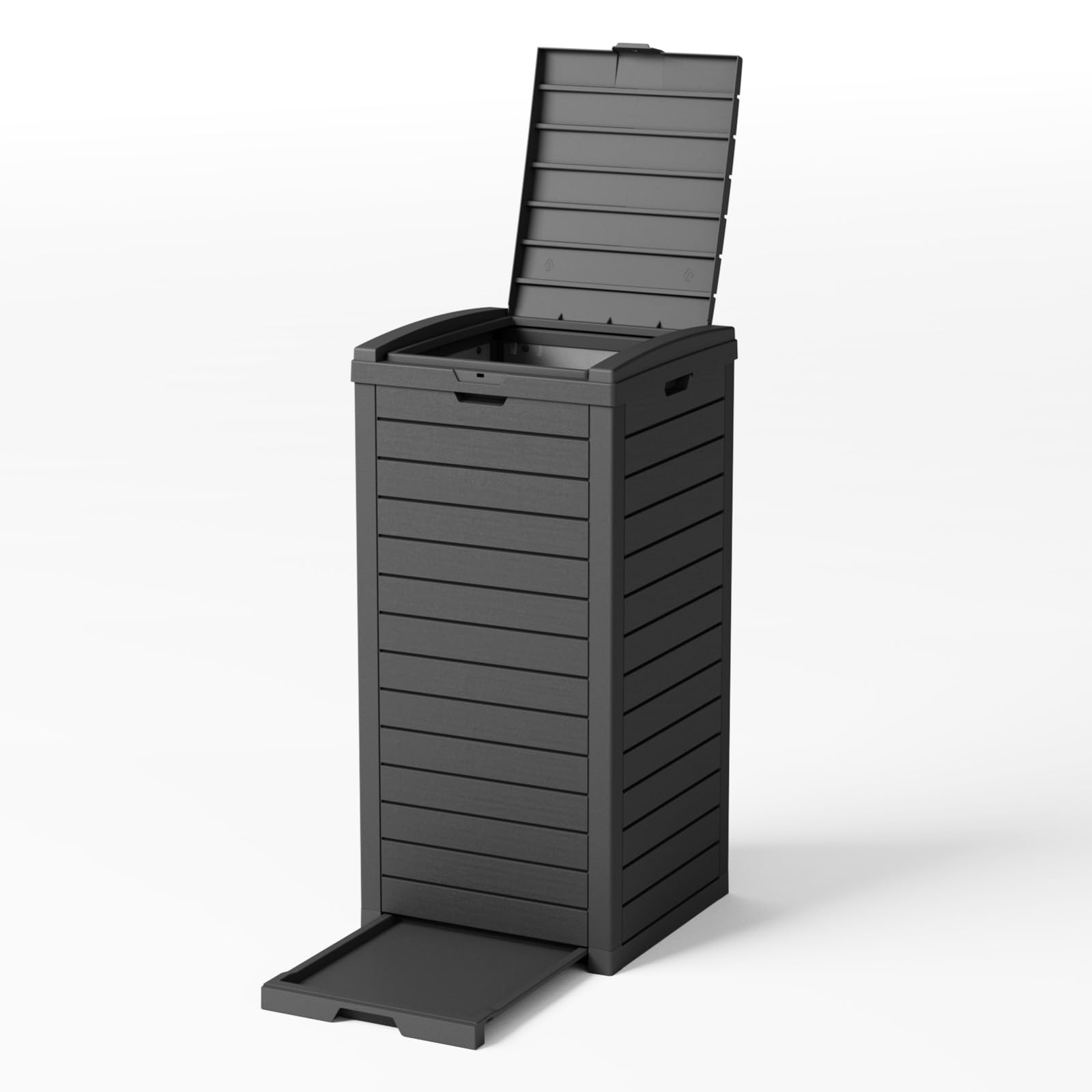 PatioZen 31 Gallon Outdoor Trash Can, Waterproof Trash Can Cabinet for Outside, Resin Garbage Bin with Lid and Drip Tray for Easy Cleaning for Patios, Kitchens, and Outdoor Entertaining(Black)