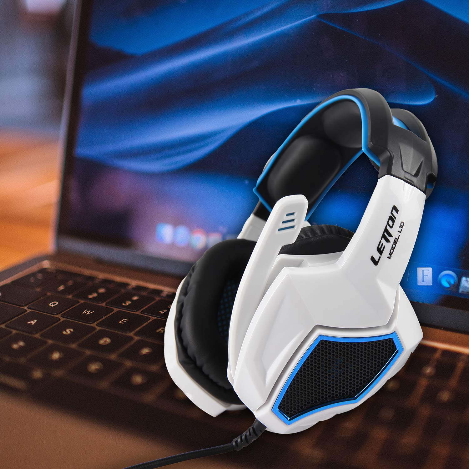 LETTON L10 USB Gaming Headset Stereo Over Ear Wired Headphones Noise Canceling PC Mac Headphones with Microphone and Deep Bass Volume Control (White)