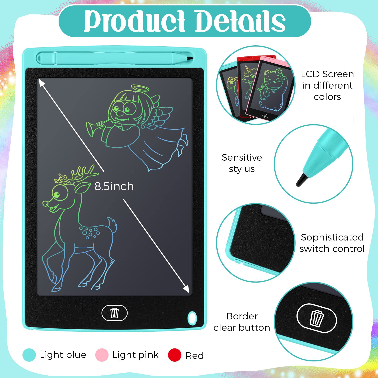 Leinuosen 3 Pack LCD Writing Tablet for Kids 8.5 Inch Colorful Doodle Drawing Tablet Pad for Back to School Educational Learning(Simple Colorful Frame)