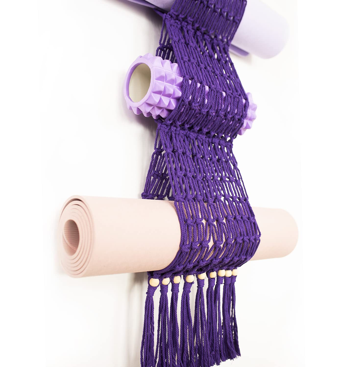 Macrame Yoga Mat Holder Wall Mount Yoga Mat Foam Roller Wall Hanging Rack for Yoga Mat Storage Organizer with 3 Sizes Easy Access Pocket Boho Gym Home Decor-Purple (Dark Purple)