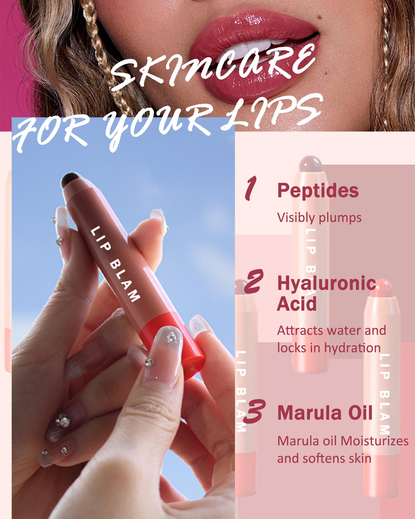Hydrating Tinted Lip Balm Set-3Pcs Natural Gloss Lip Balm Plumper,Long Lasting Lipgloss Creamy Lipstick,Lightweight High-Pigment Lip Stain Pen Lip Crayon Stick, Christmas Makeup Gift for Women-Set A