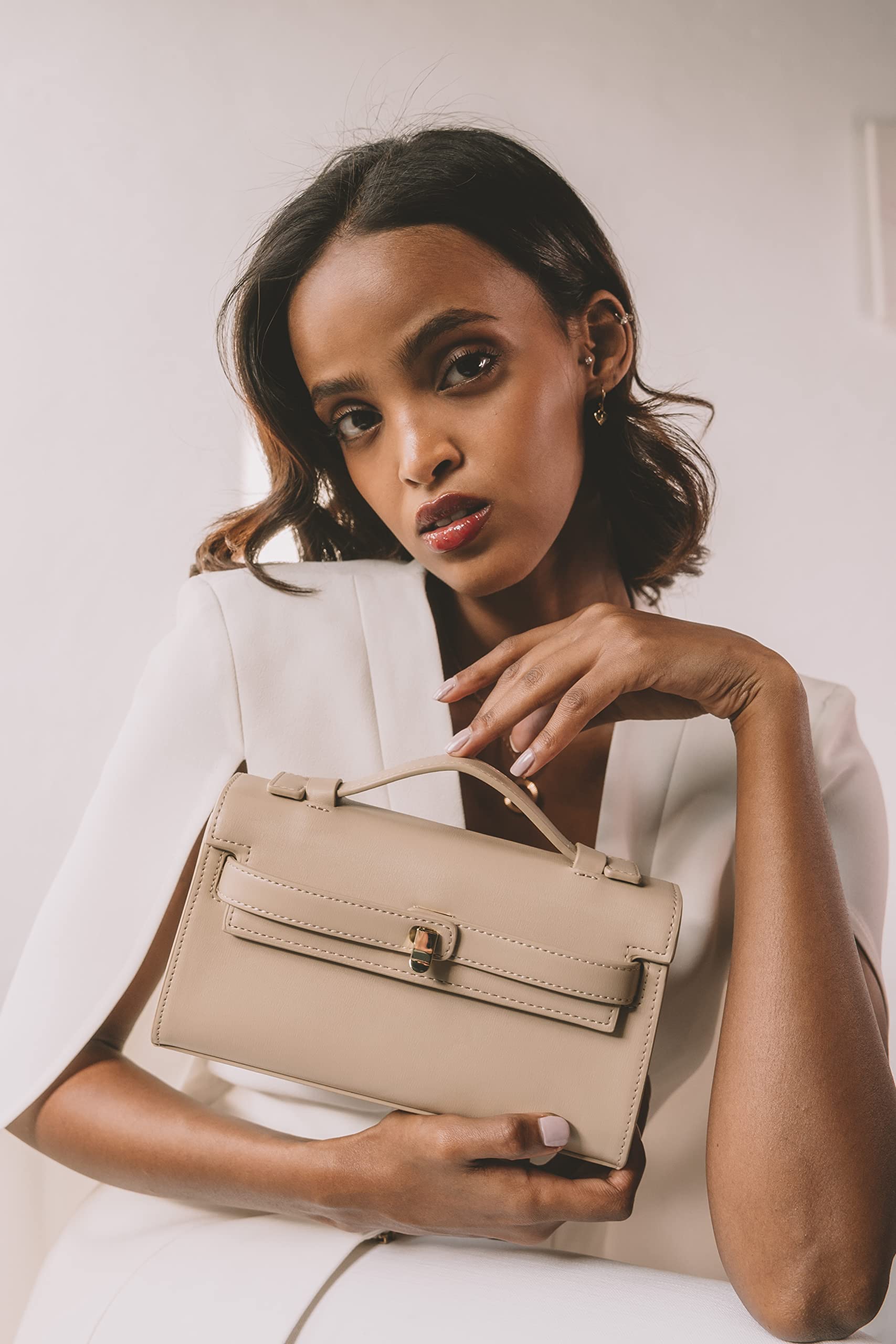 Levantine Women's KENDA Mini Flap Crossbody, handbag, top handle bag (Beige)