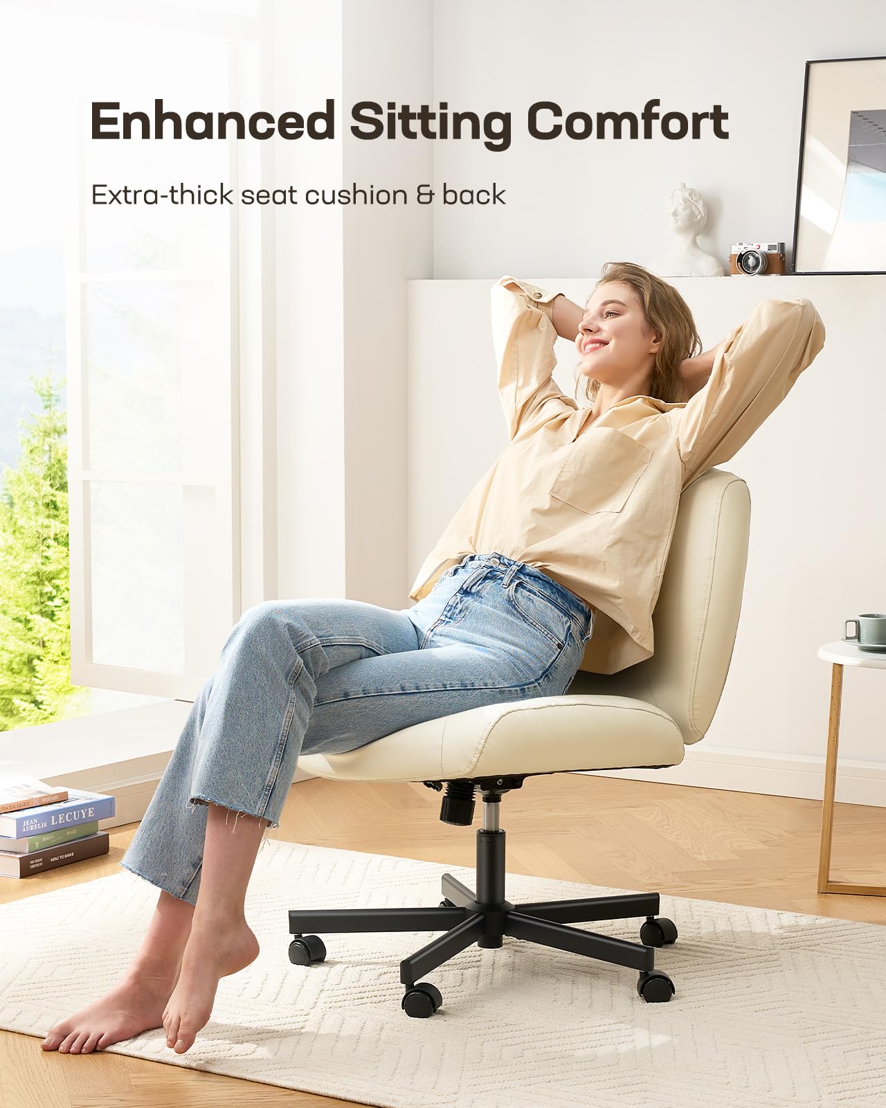 Marsail Criss Cross Chair with Wheels, Scratch-Resistant PVC Leather Cross Legged Office Chair, Wide Mid-Back Comfy Armless Desk Chair, Height Adjustable Vanity Computer Chair for Home Office