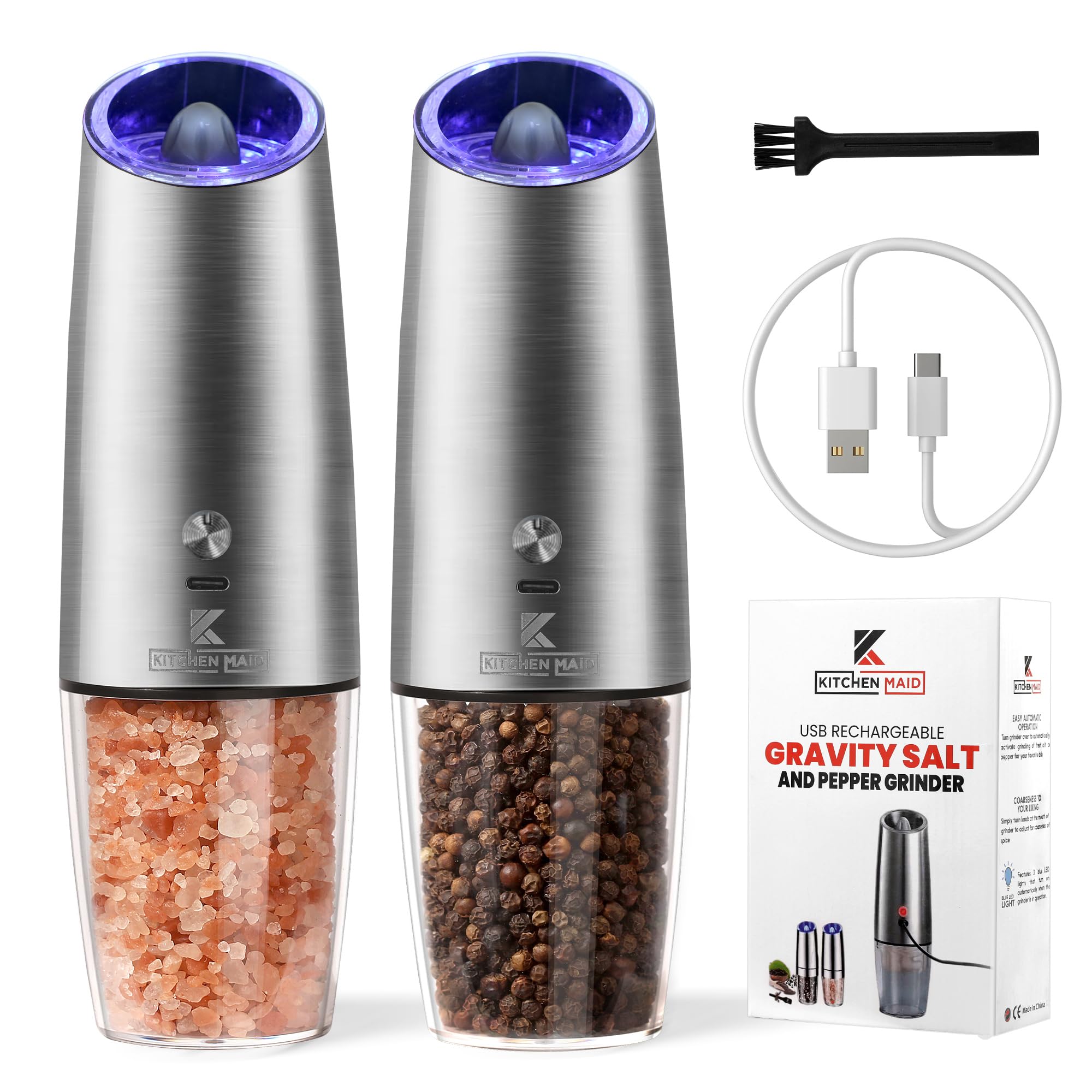 Kitchen Maid Gravity Electric Salt and Pepper Grinder Set Rechargeable, Adjustable Automatic Electric Salt and Pepper Shakers, Stainless Electric Salt Pepper Grinder Mill Rechargeable USB-C