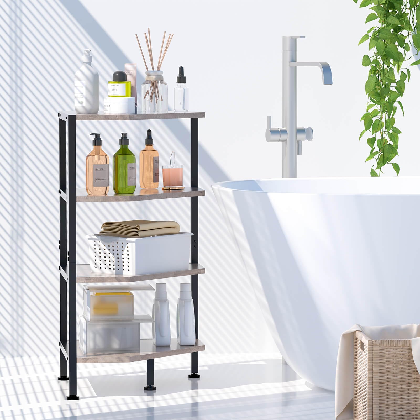 JOOLESER Corner Shelf - 4-Tier Corner Bookshelf with Metal Frame - Small Corner Shelves - Wood Corner Display Shelf for Living Room, Bedroom (Grey)