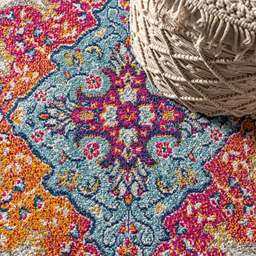 JONATHAN Y BMF106A-23 Bohemian Flair Boho Vintage Medallion Indoor Area -Rug, Medallion Floral, Easy -Cleaning, Bedroom, Dining Room, Kitchen, Living Room, Non Shedding, Blue/Multi, 2 X 3