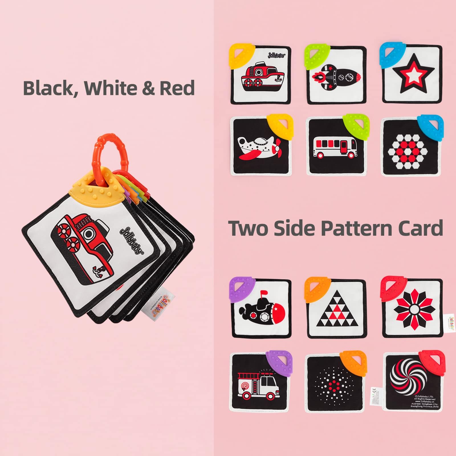 Jollybaby High Contrast Teething Toy Black White Red, Newborn Sensory Soft Teether Crinkle Cloth Flash Cards Detachable, Clip On Infant Toys for Babies 0 3 6 12 Months Visual Development Gift Pack