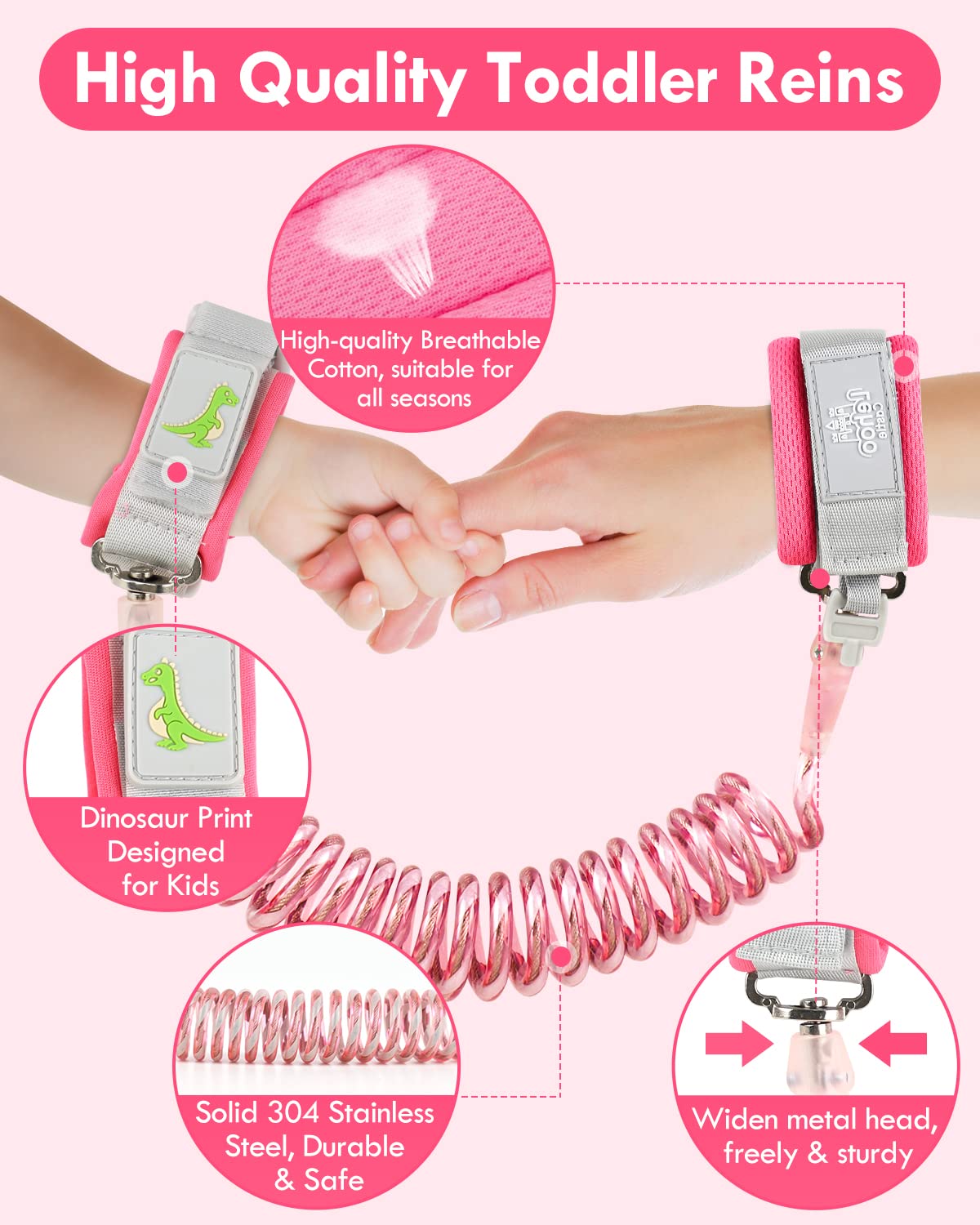 Lehoo Castle Anti Lost Wrist Link for Toddlers, 4.9ft Toddler Harness with Key Lock, Reflective Toddler Wrist Leash, Child Leash Harness, Leash for Kids (Pink)