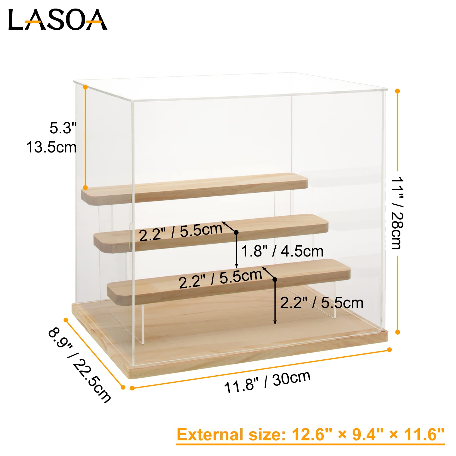 LASOA 4 Tier Acrylic Display Case for Collectibles, Alternative Glass Display Box with Wood Base and Lid, Self-Assembly Clear Shelf Showcase for Figurine Memorabilia (11.8x8.9x11inch; 30x22.5x28cm)