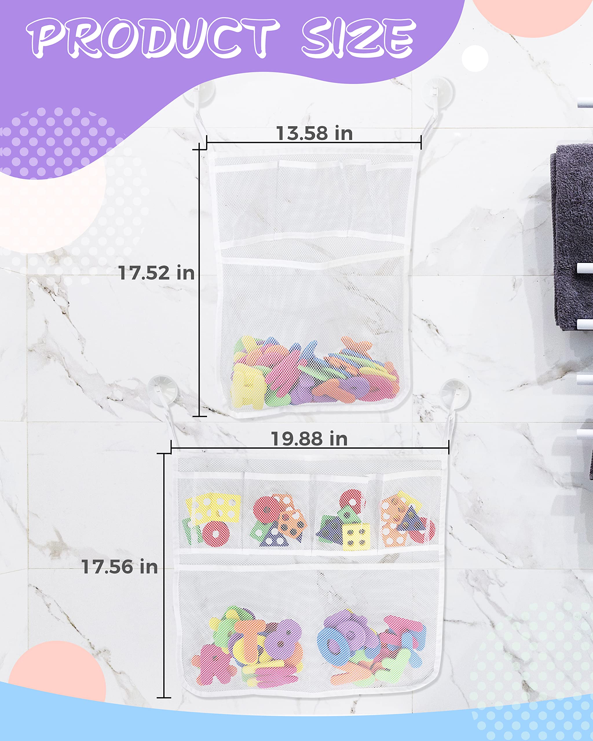 MoHern Bath Toy Storage for Bath Toys, 3PCS Bath Toy Holder with 6 Ultra Strong Hooks and 36 Bath Letters & Numbers, Multi-use Mesh Bath Toy Organizer Making Bathtub Toy Storage Easy…