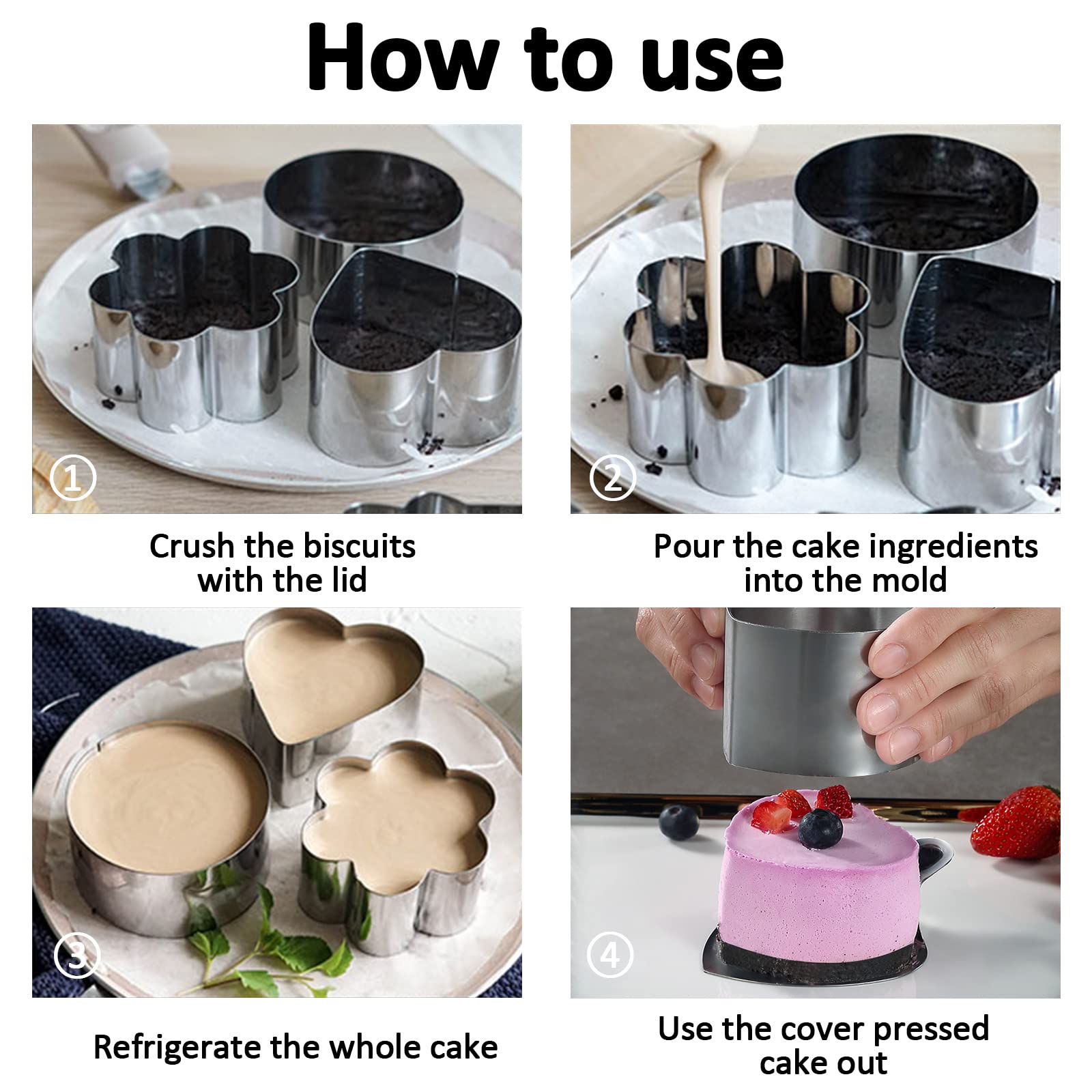 LIOUCBD 5PCS Cake Ring Mold Set, Stainless Steel Round Dessert Mousse Mold, 5 Shaped Cake Cutters with Pusher and Lifter Baking Rings for Making Salads Cakes Cookie Tiramisu Sandwiches
