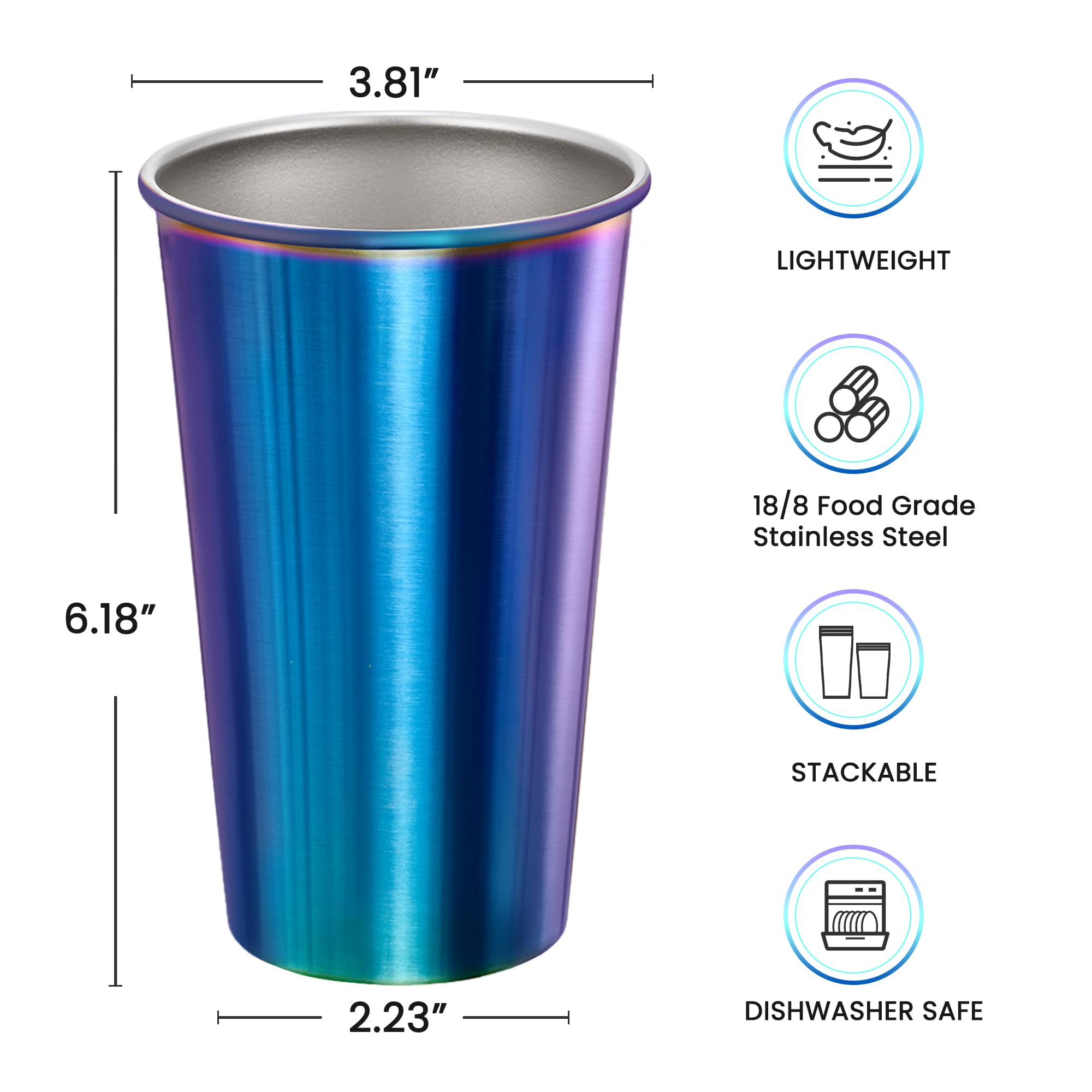 MEWAY 8 Pack 16oz Stainless Steel Pint Cup,Healthy Unbreakable and Stackable,Metal Drinking Glasses，Beer Glasses（Rainbow）