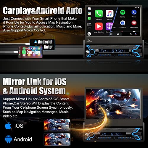 SEMAITU Single Din Car Stereo with 7 Inch Motorized Flip Out IPS HD Touchscreen, Compatible with Apple Carplay & Android Auto, Wide Angle Rear Camera, Support DSP Bluetooth AUX USB SD TF AM/FM Radio
