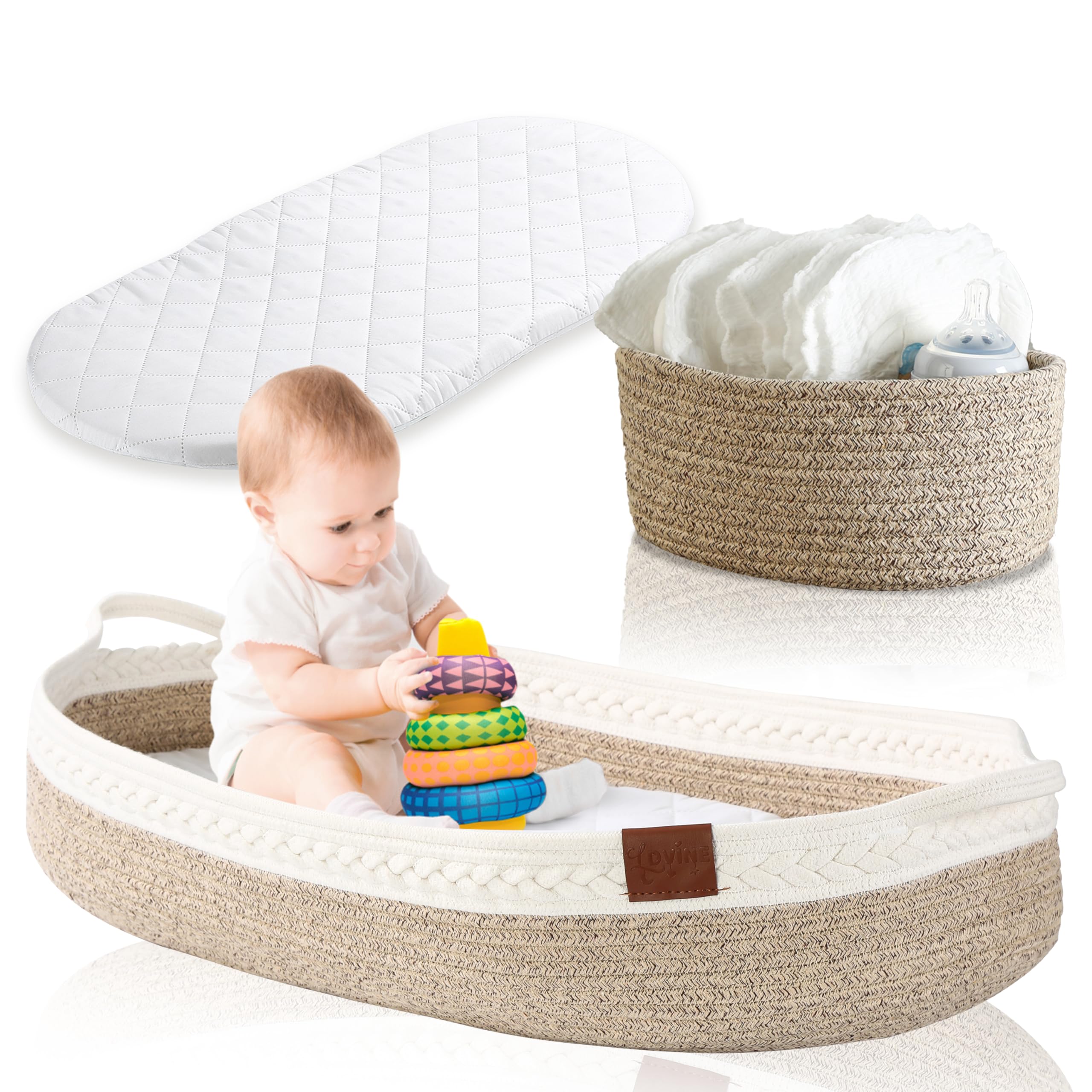 LDVINE Baby Changing Basket - Diaper Caddy Organizer Moses Diaper Basket Table Dresser Nursery Topper, Waterproof Foam Pad Storage Woven Bin Included