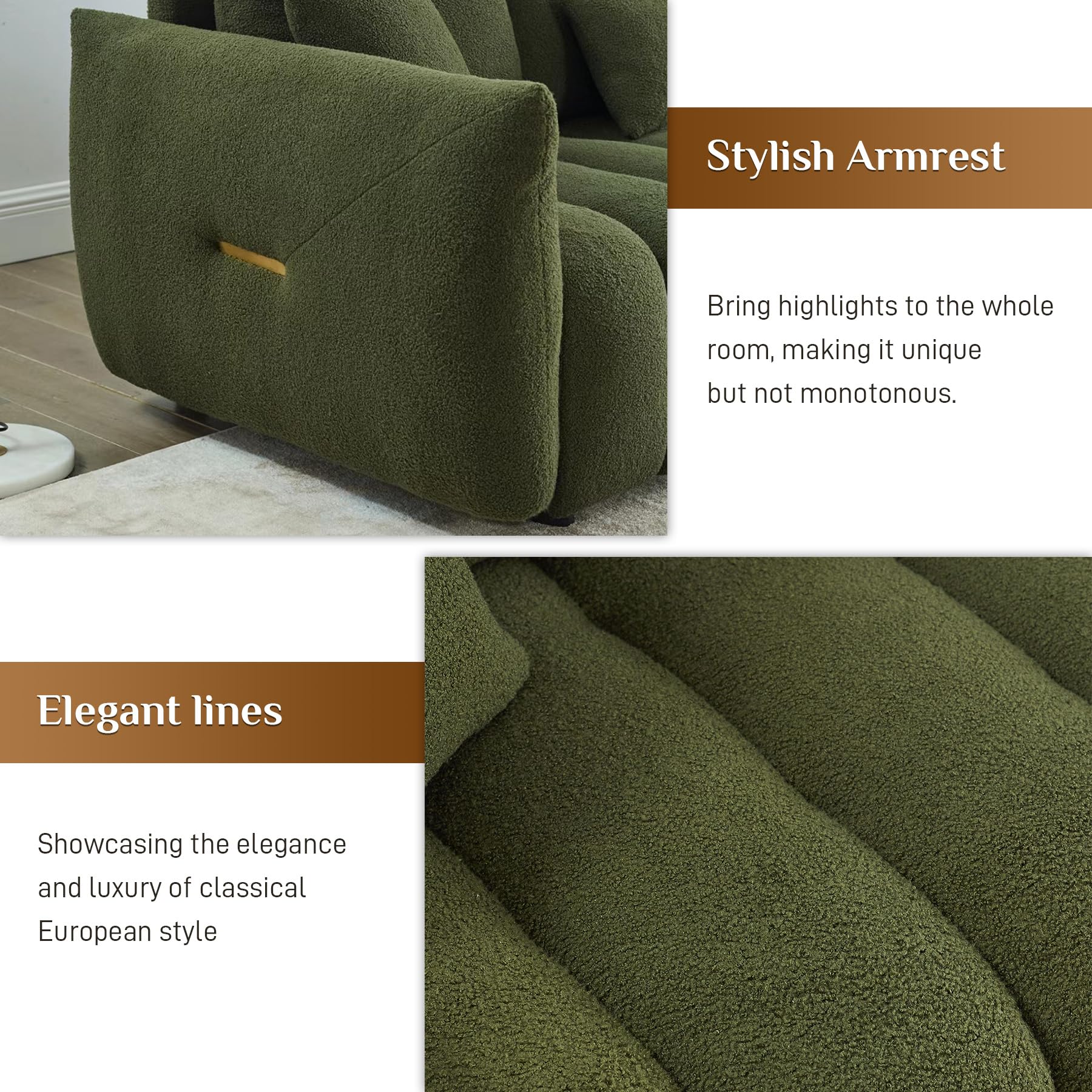 Wrofly 82" Teddy Cloud Sofa Couch, Comfy Upholstered Sherpa Deep Seat Boucle Sofa, Cozy Modern 3 Seater Couch with 3 Pillows, Oversized Loveseat for Living Room Apartment Office, Olive Green