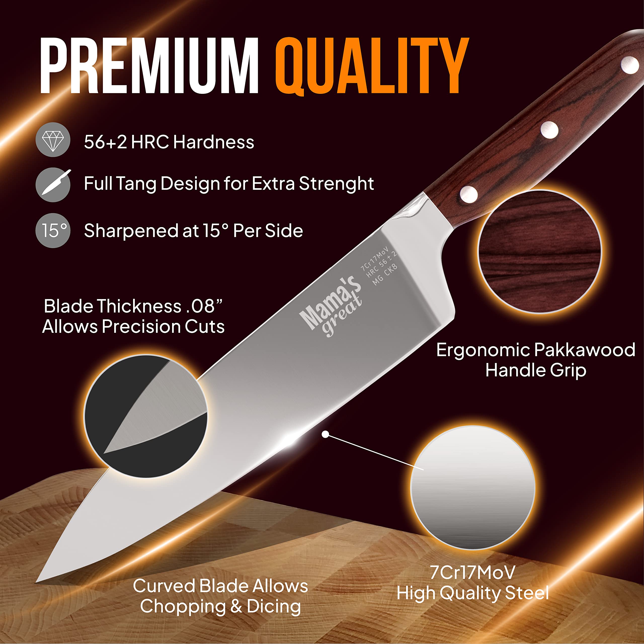 Mama's Great 8 Inch Chef Knife. Razor Sharp Full Tang Blade & Ergonomic Pakkawood Handle. Professional Chef Knife For Daily Cooking, Mincing, Slicing And Dicing. Comes In A Giftable Box.