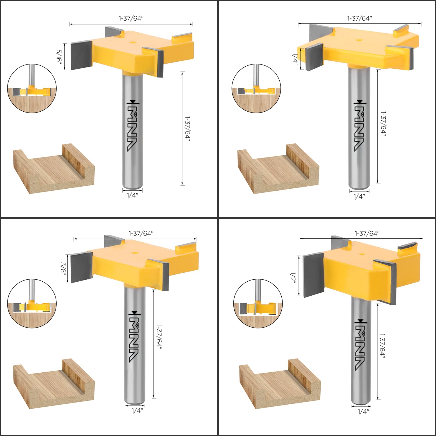 MNA CNC Spoilboard Surfacing Router Bit,4PCS Router Bit Set,1/4 Inch Shank ,4 Wings,1-37/64-Inch Cutting Diameter,1/4" 5/16" 3/8" 1/2" Milling Depth