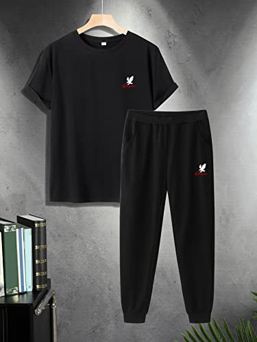 NIBHZ Two Piece Outfits for Men Men Letter & Eagle Print Tee & Sweatpants (Color : Black, Size : Medium)