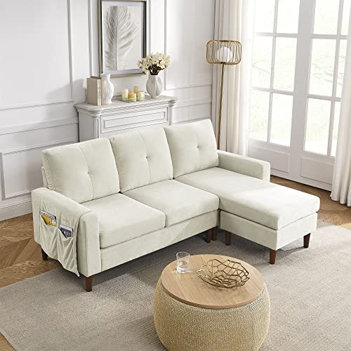 MOEO 3 Seat Sofa with Removable Ottoman and Cushions, L-Shape Chenille Convertible Couch w/Pocket & Rubber Wood Legs, Perfect for Living Room, Aapartment, Small Space, 80", Beige