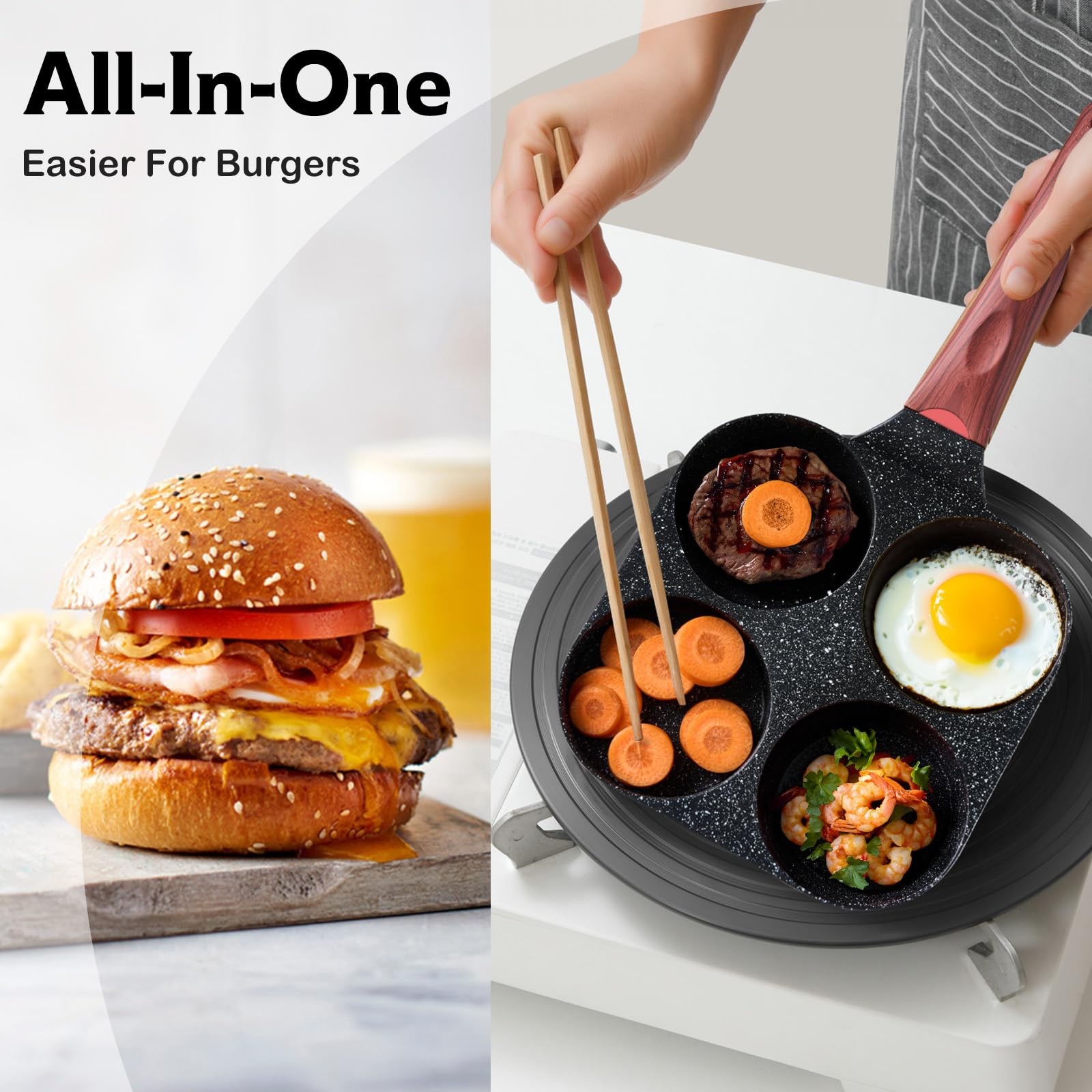SNOWCLAD Egg Pan, 4-Cup Nonstick Granite Omelette Skillet,Non Stick Pancake Frying Pan for Breakfast,Suitable for Gas Stove & Induction Cookware - Black