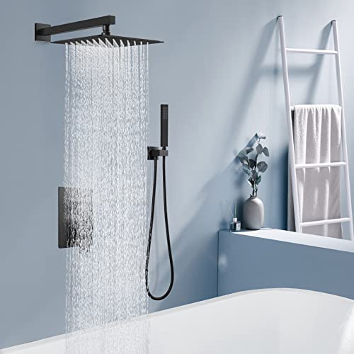 Midanya Matte Black Rain Shower System 10 Inch Square Rainfall Shower Head Wall Mount Shower Faucet Set with Hand Sprayer Rough-in Valve Trim Kit Bathroom Mixer Shower Combo Set