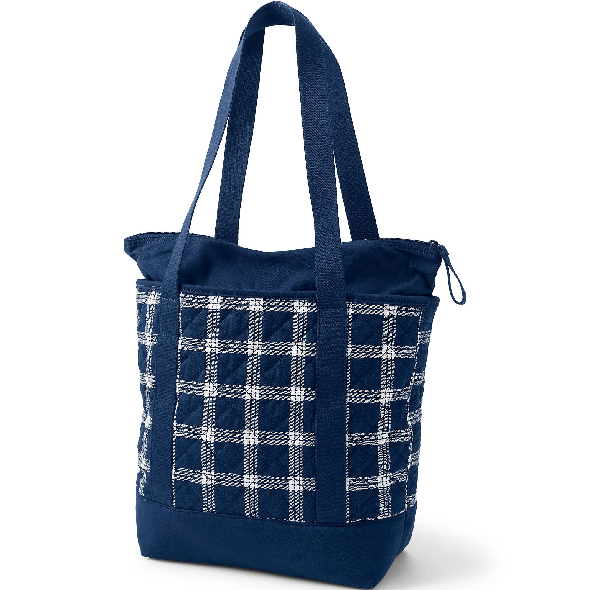 Lands' End Classic Quilted Tote Navy/ivory Founders Plaid Medium