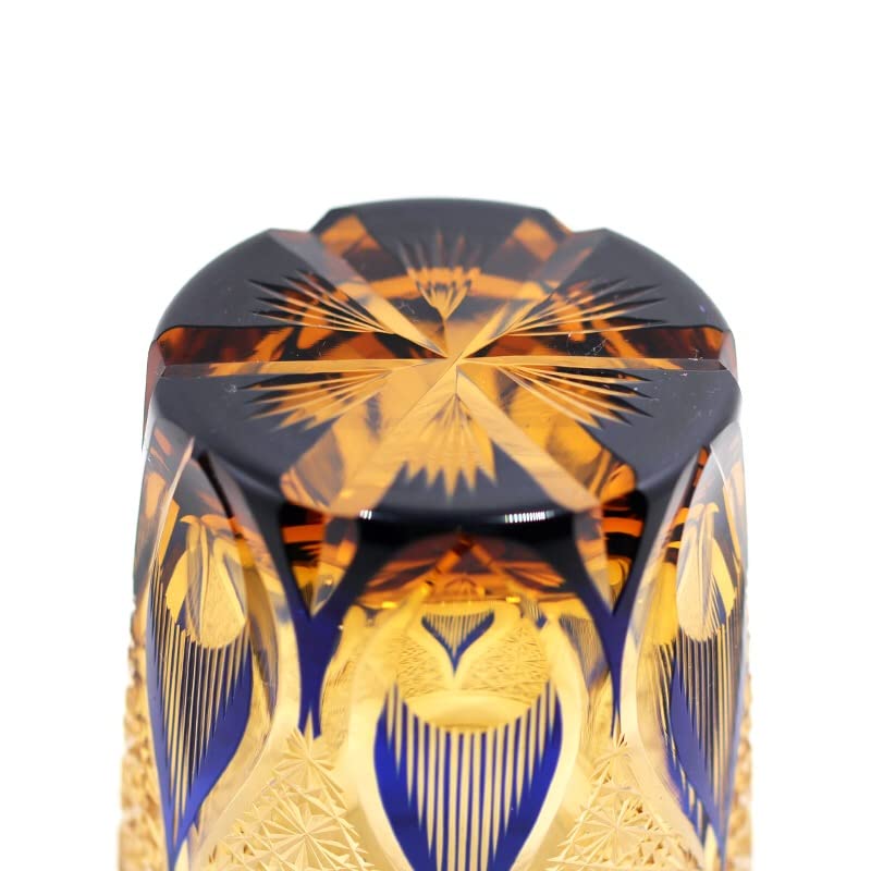 JIACI Edo Kiriko style Hand Cut Crystal Glass Tumbler Whisky 260ml Tumbler For Whiskey-Cocktail-Vodka-Beer Drinkingware Glasses Crystal Whiskey With Gift Box (Amber Blue)