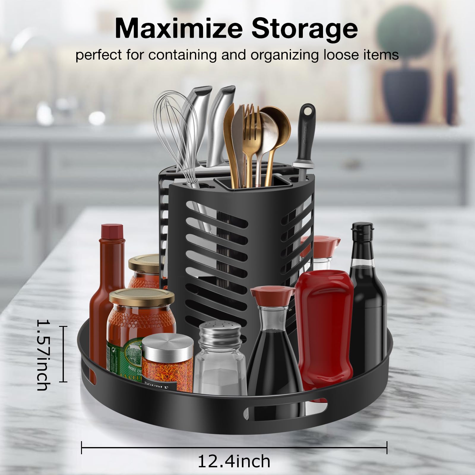IncepKick 12.4-inch Rotating kitchen Tabletop Storage Shelf for Kitchen Countertop Organizing Knives Forks Spices Cutting Boards Cookware