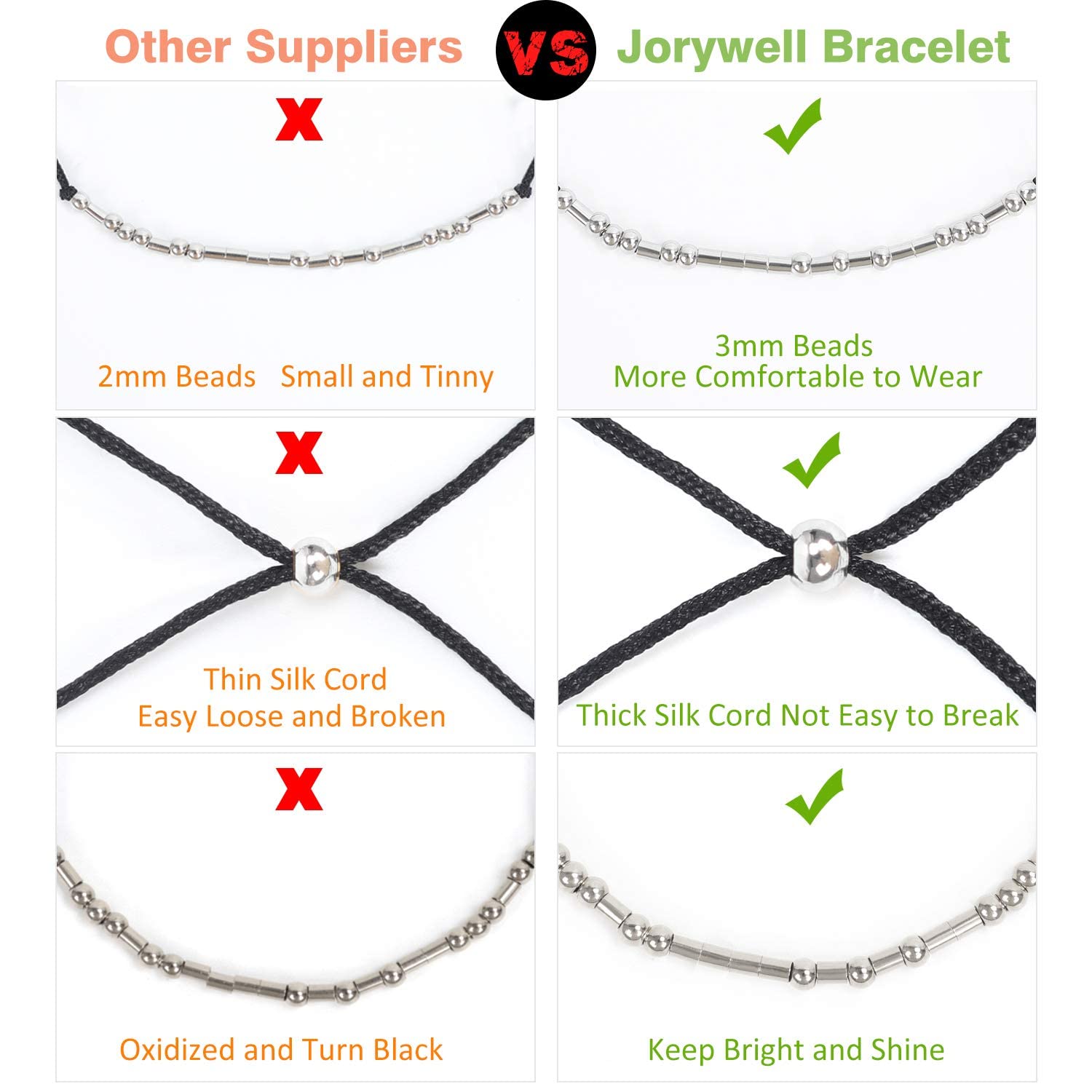 Jorywell Fuck Off Morse Code Bracelets, 3mm Silver and Gold Beads on Silk Cord Funny Bracelet for Women All Bad Things (1-1Silver+Silver)¡