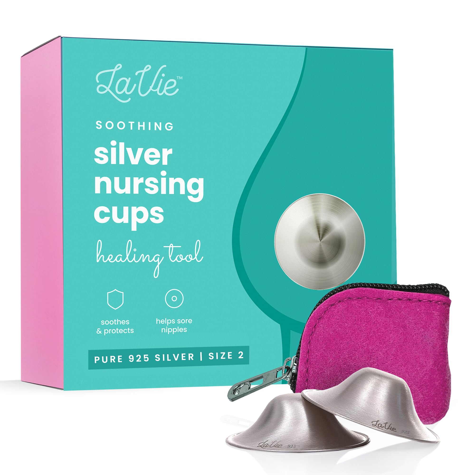 LaVie™ Silver Nursing Cups, Soothing Protection for Nursing Nipples of Newborns, Calming Relief for Breastfeeding Moms, 925 Silver Nipple Covers All Natural (Size 2)