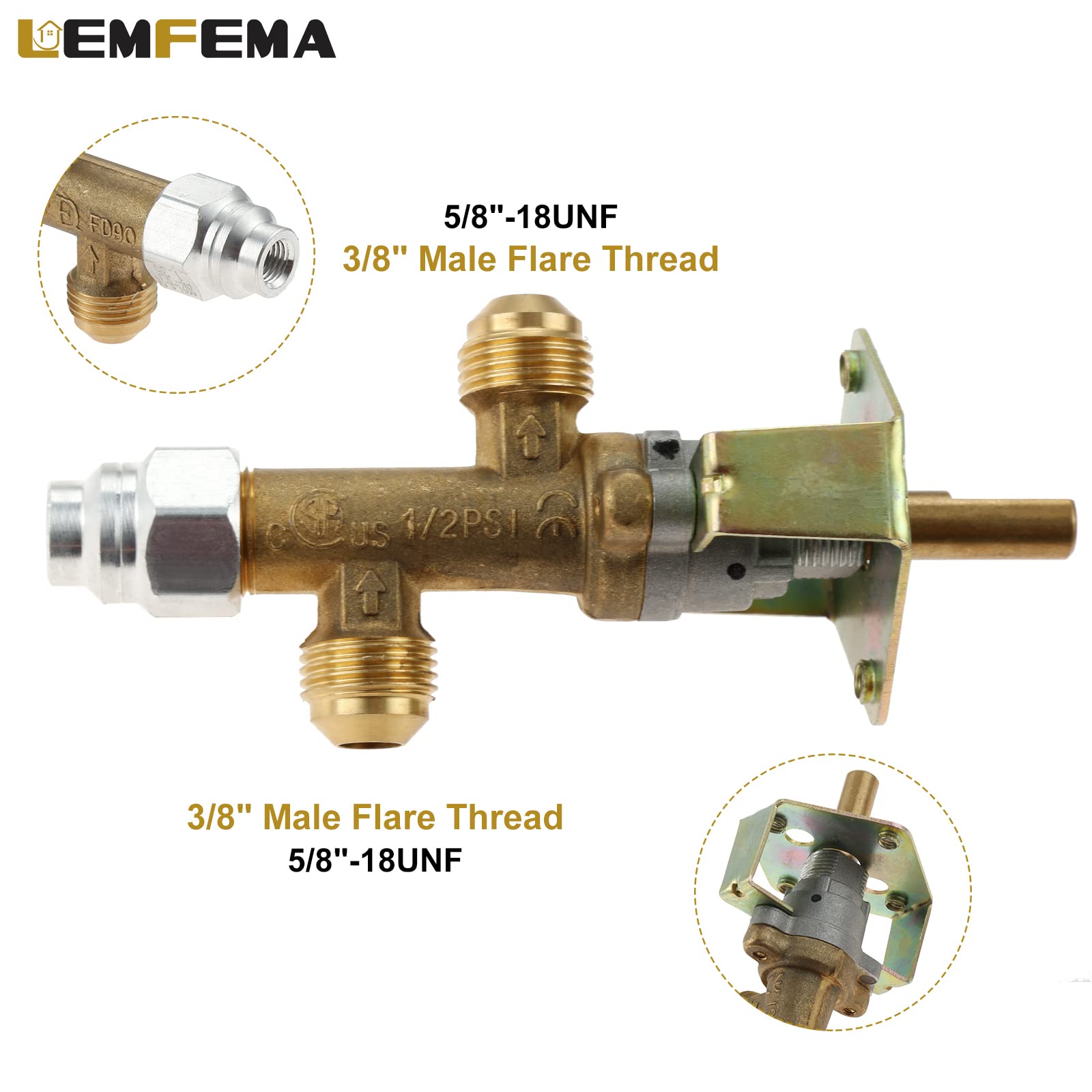 Lemfema Low Pressure LPG Propane Gas Fireplace Fire Pit Flame Failure Safety Control Valve with Thermocouple Knob Switch Kit with 5/8β-18UNF(3/8" Flare Inlet & Outlet) for Propane Fire Pit, Fireplace