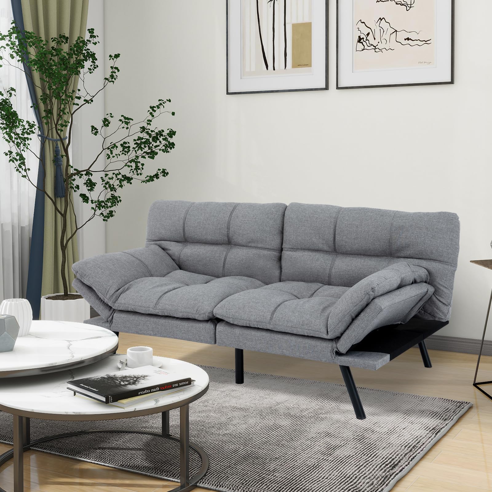 MUUEGM Convertible Futon Sofa Bed, Modern Couch Foldable Linen Memory Foam Couch Sleeper bed with Armrest and Backrest Adjustable Full Size Recliner for Living Room Office Sofabed,71" light Grey