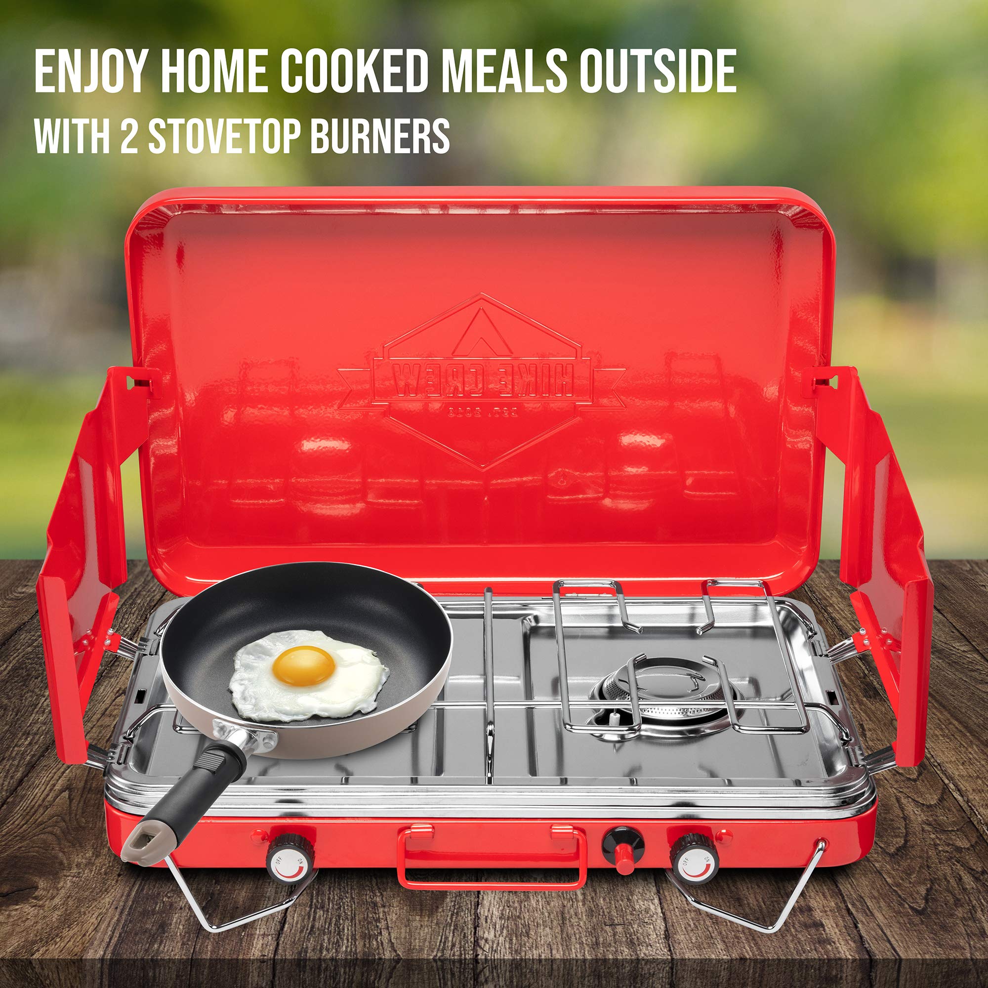 Hike Crew Gas Camping Stove | 20,000 BTU Portable Propane 2 Burner Stovetop | Integrated Igniter & Stainless Steel Drip Tray | Built-in Carrying Handle, Foldable Legs, Wind Panels | Includes Regulator