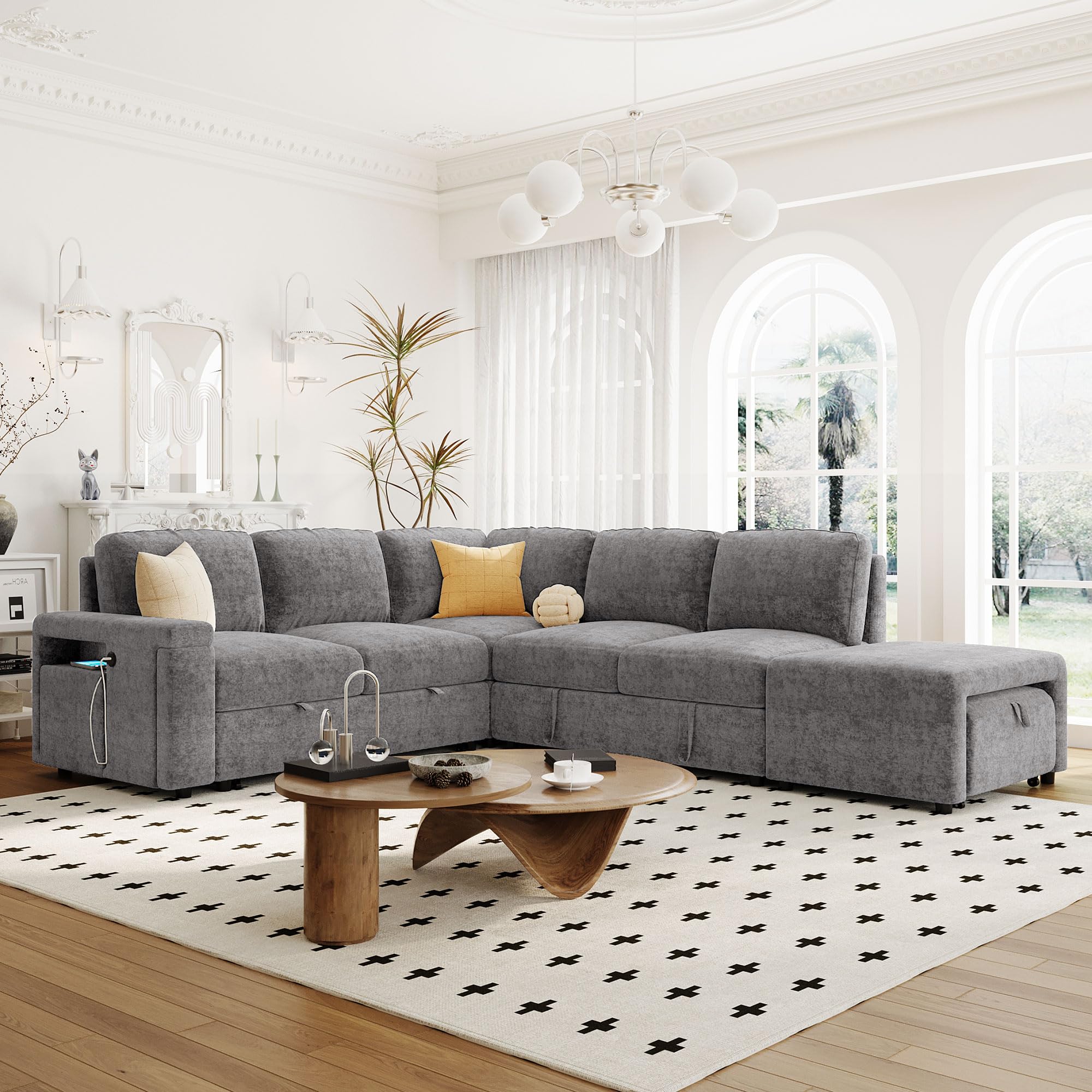 Olodumare L-shaped Oversized Modular Padded Cloud Sectional Fabric Sofa Set with Pull Out Bed, Convertible Sectional Couches with Storage Space, USB Ports, and Cup Holders for Living Room Office(Grey)