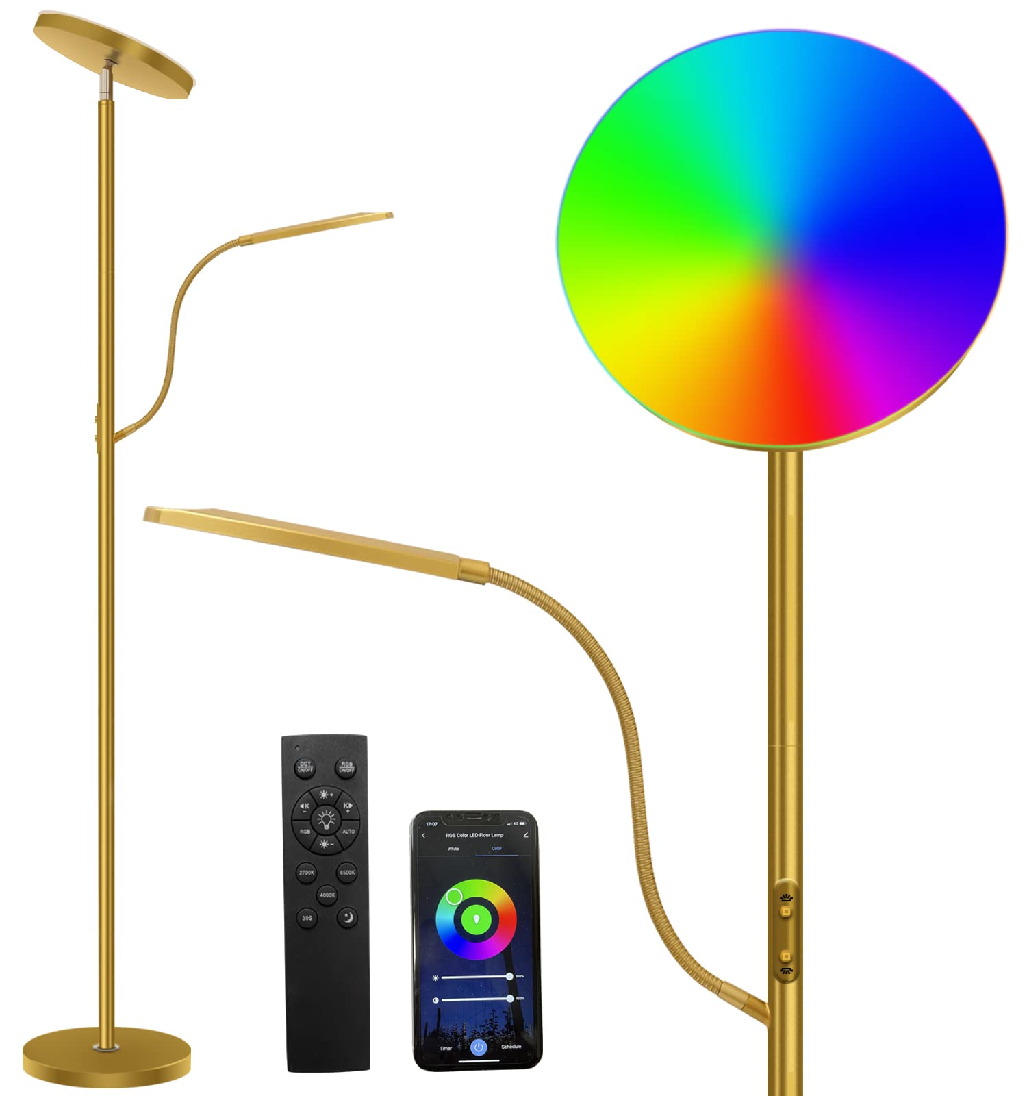 Hyskostar Gold Floor lamp,Top Sky Light and Side Reading Lamp,RGB LED Modern Super Bright Floor Lamps-Tall Standing Pole Light with Remote & Touch Control for Living Room,Bed Room,Office