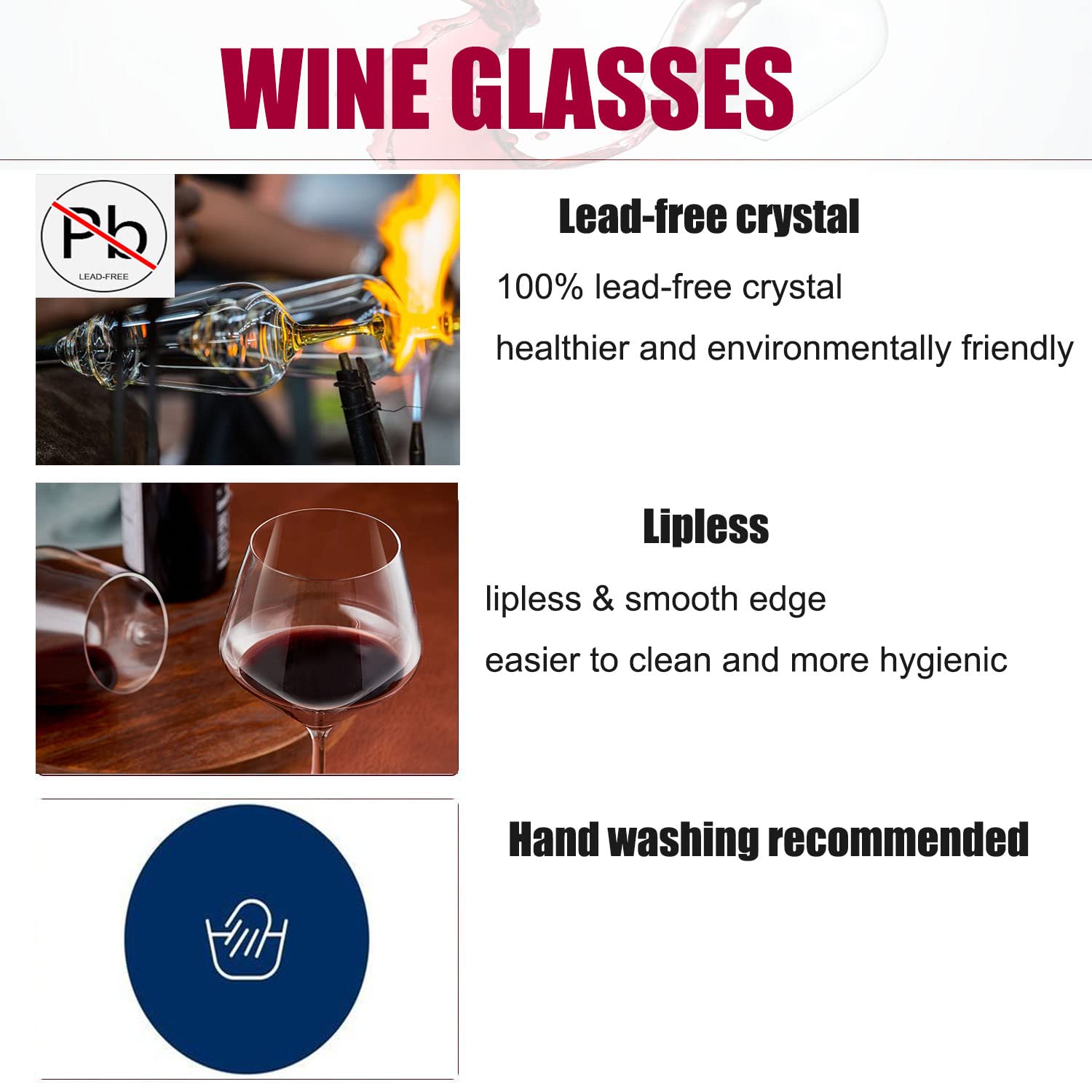 KOSIUN, Wine Glasses, Hand Blown,Large Bowl, Lead-Free Crystal, Long Stem, 23-Ounces, Burgundy, Set of 4