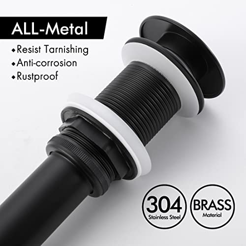 KES Bathroom Sink Drain Without Overflow Sink Drain Stopper Matt Black Pop Up Drain, All Metal Rustproof Brass and 304 Stainless Steel, S2008D-BK