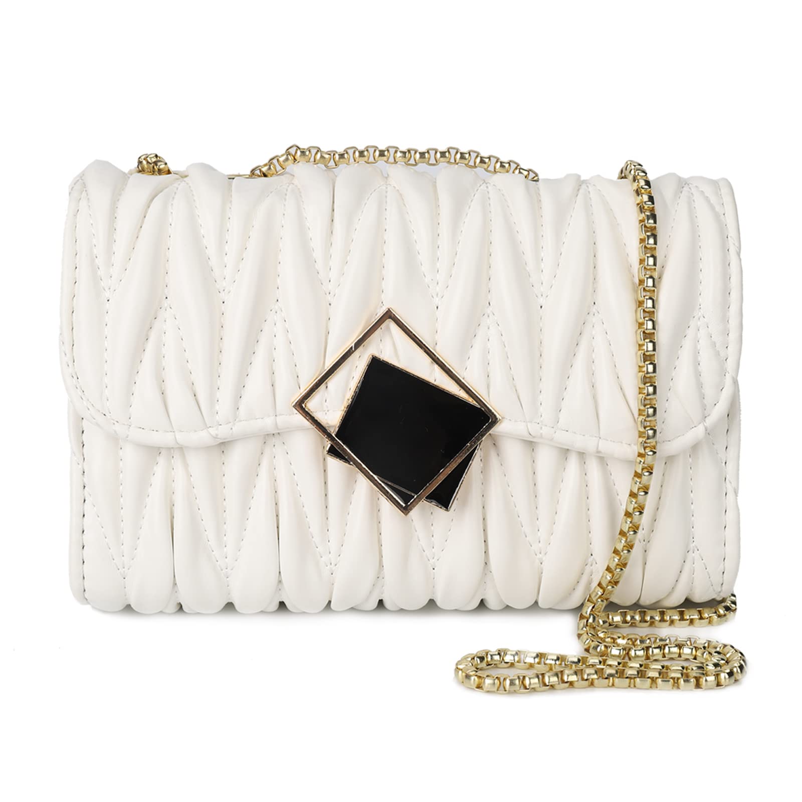 LAVTUG Small Quilted Crossbody Bags for Women Shoulder Purse Wallet with Chain Strap Stylish Clutch multiple pockets White