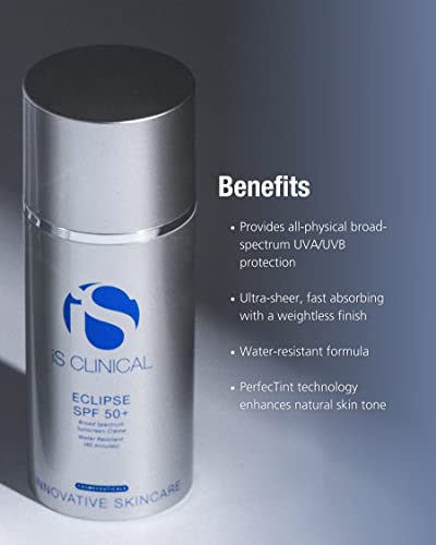 iS CLINICAL Eclipse SPF 50+ Sunscreen, Zinc Oxide tinted beige sunscreen, ultra sheer non-greasy matte finish sun cream for face