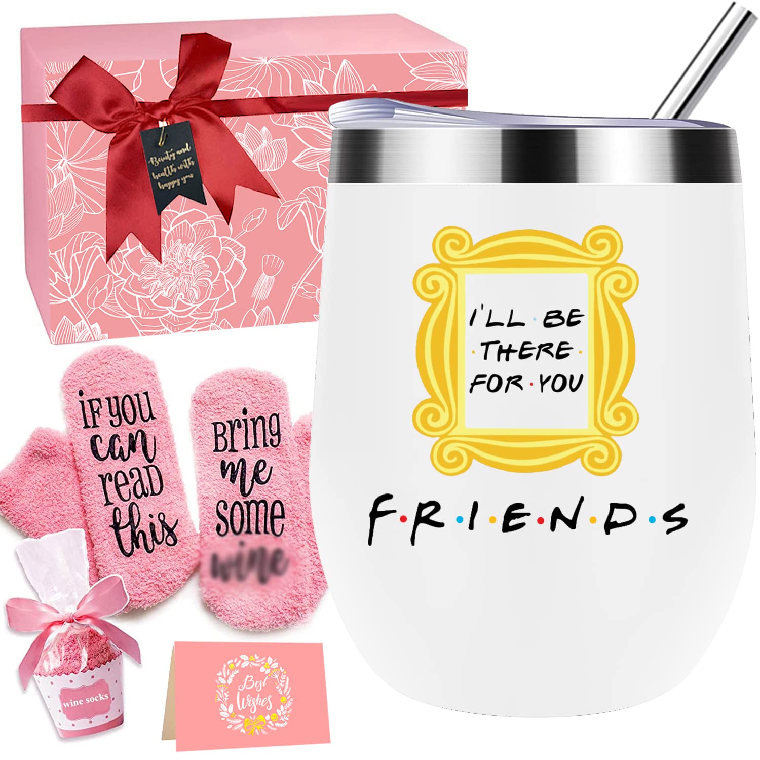 KAIRA Friends Tv Show Merchandise Wine Tumbler Birthday Gifts Set for Women Best Friends - Gifts for Her - Tumbler Mug Gifts for Girlfriend, Wife, Mom, Coworkers, Daughter, Sister, Aunt, 12 oz