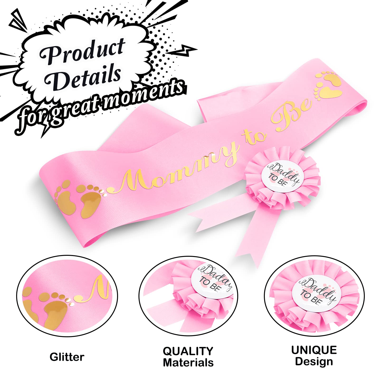 Mommy Sash and Daddy to Be Tinplate Badge for Baby Shower Decorations, Ideal Be Mommy Shower Sash and 'Daddy to Be' Button Pin Gift for Gender Reveals Party (Pink)