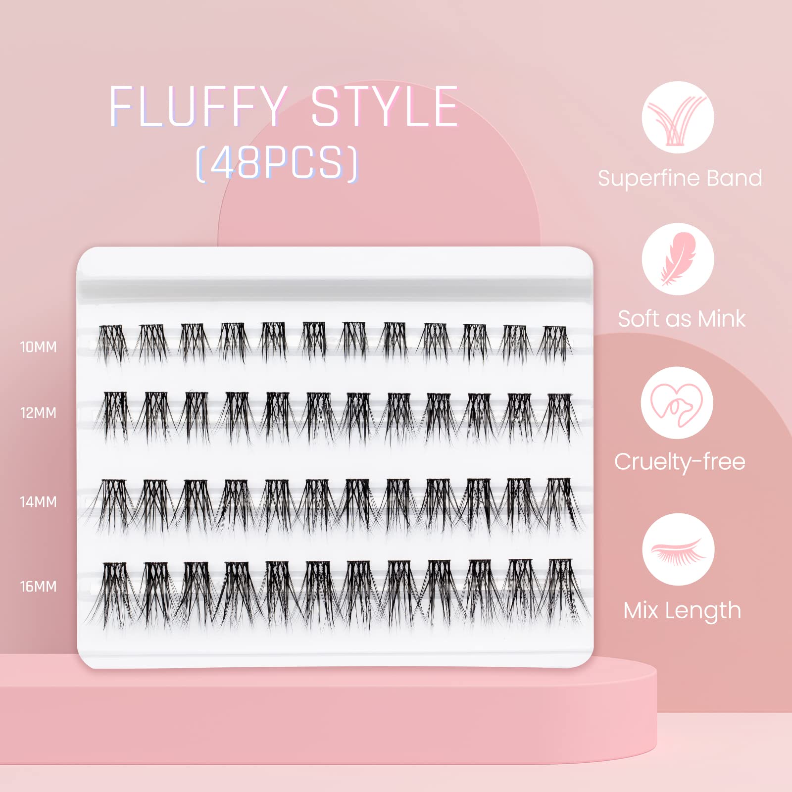 LANKIZ DIY Eyelash Extension, 48pcs Fluffy Individual Lash Extensions, Soft & Lightweight 10-16mm Mix Reusable Wide Band Cluster Lashes for Home use