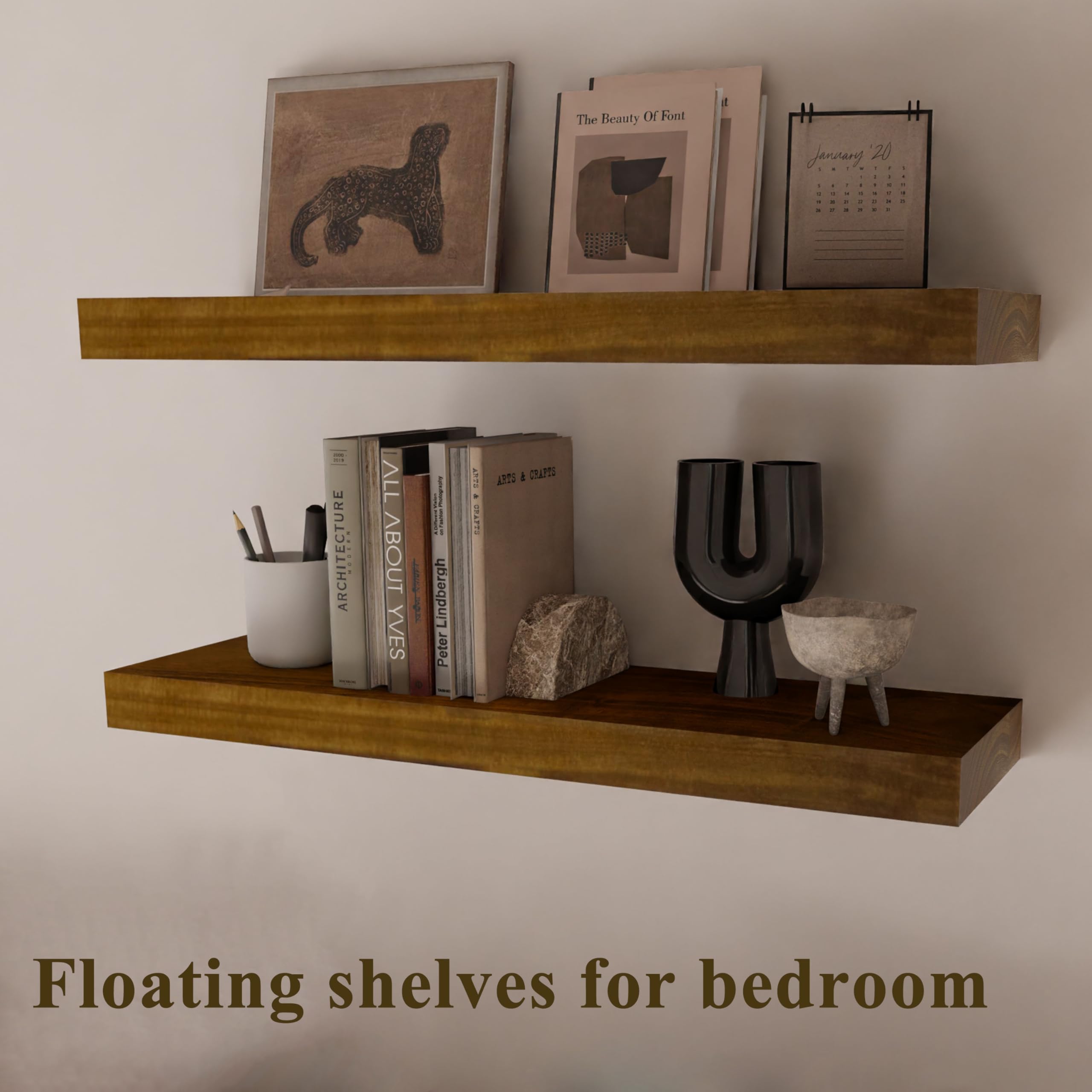 ROGMARS 36 Inches Long Walnut Floating Shelves,Rustic Solid Wood Farmhouse Wall Shelves with Invisible Brackets for Bathroom, Living Room, Bedroom, Kitchen Set of 2