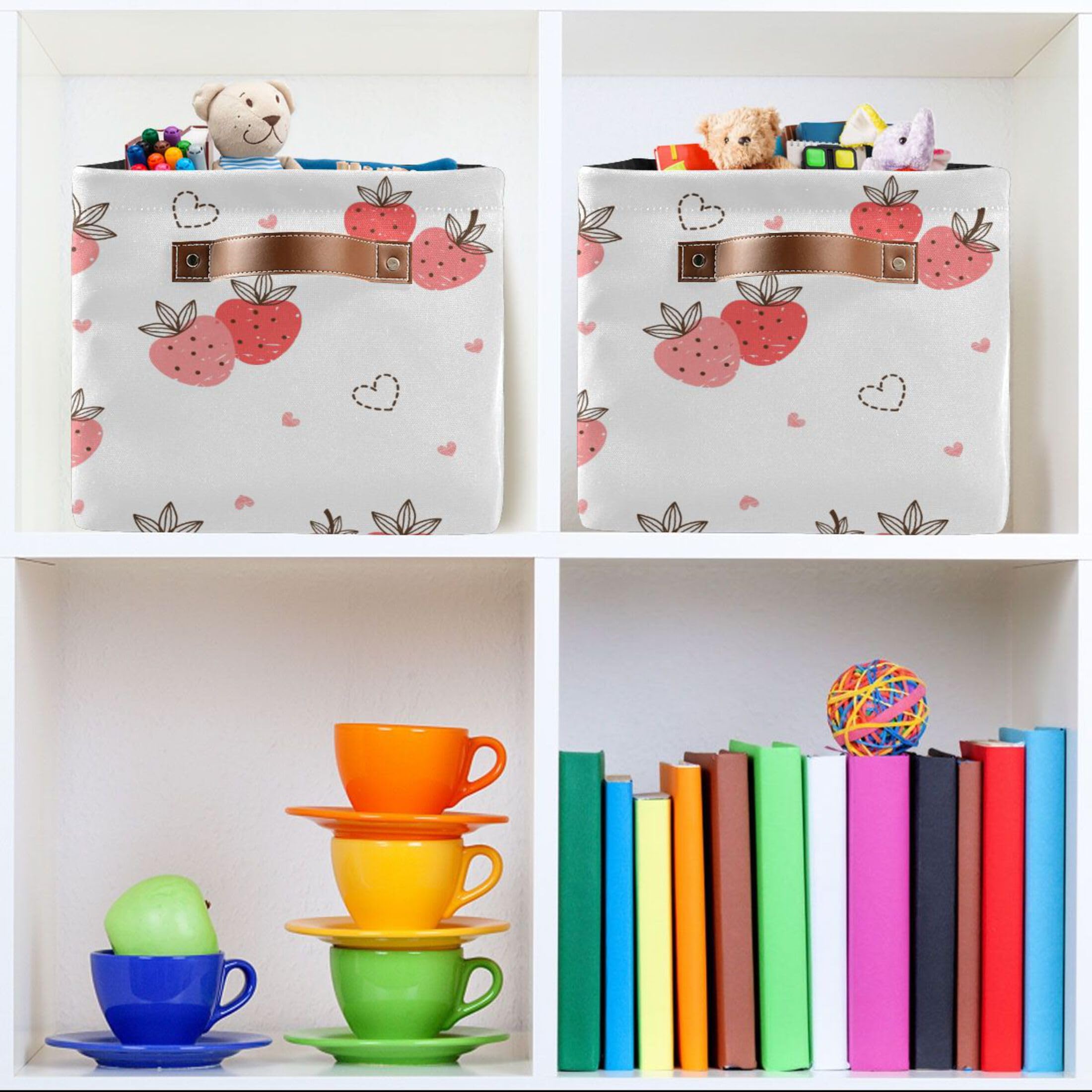 Qilmy Strawberry Pattern Storage Basket with Handles for Organizing, Collapsible Canvas Shelves Storage Bins for Home Closet Bedroom Living Room