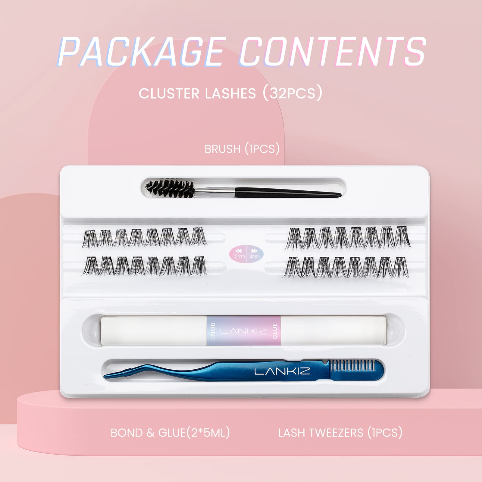 LANKIZ-DIY-Lash-Extension-Kit, with Super Hold Mascara Brush Bond & Seal Glue, Faux Mink Wide-Stem Cluster Lashes Starter Kit at Home, DIY Individual Eyelash Extensions