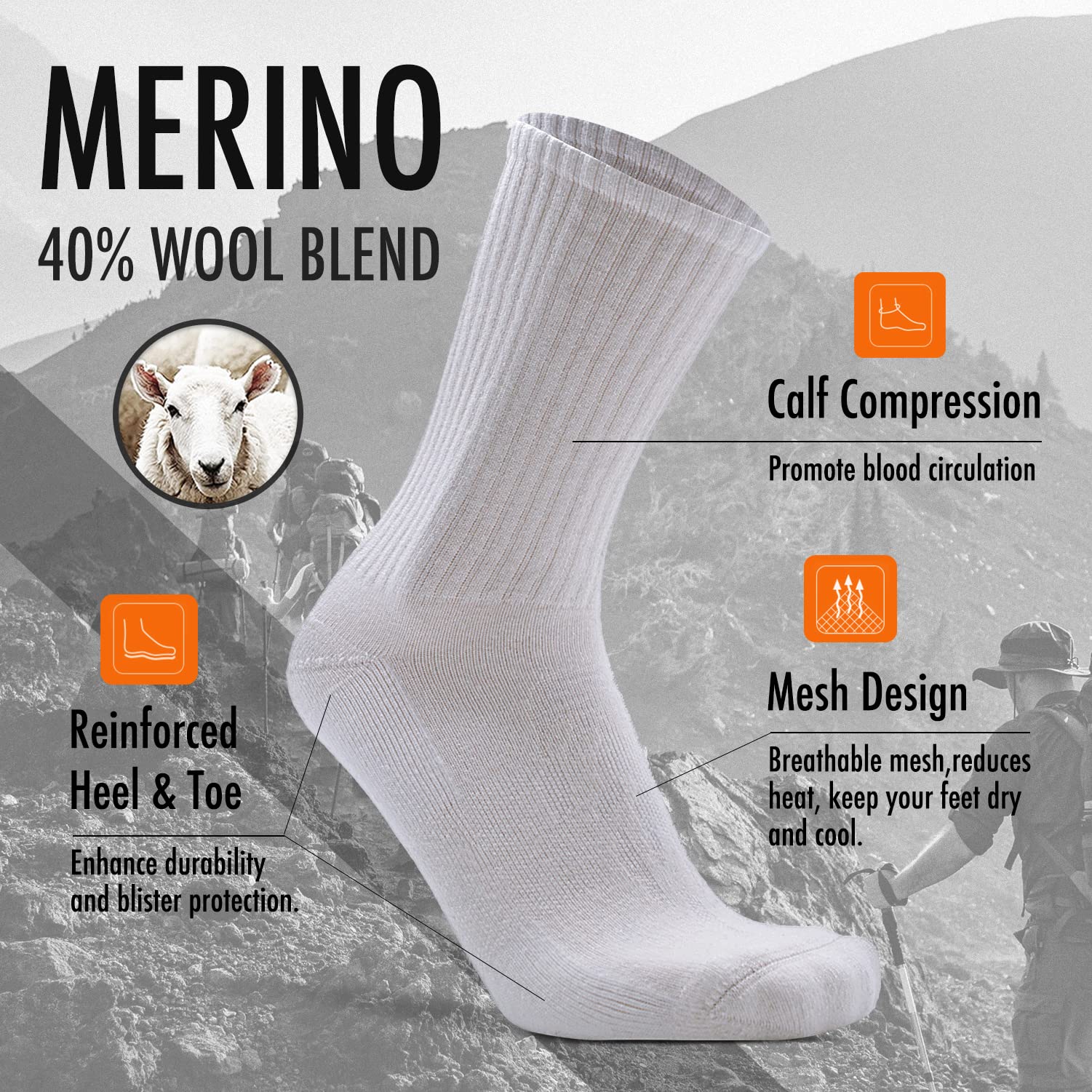 KitNSox 4 Pack Men's Women's Merino Wool Hiking Running Socks Crew Warm Thick Cushioned Outdoor Walking Sport Athletic Sock, Large, White