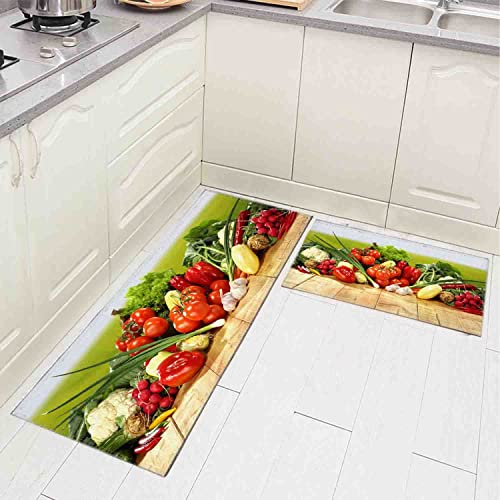 Kitchen Rugs Washable,Fruits Vegetables,Non Skid Anti-Fatigue Floor Mats for Sink,2 Pcs Set (59"X16"+ 29"X16")