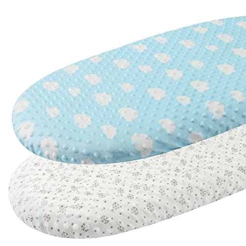 Minky Bassinet Sheet Set 2 Pack Stretch Fitted Cradle Sheets,Ultra Soft Thick Universal Fit Oval Rectangle Hourglass Pad/Mattress, for Baby Girls and Boys Dots Snowflake Blue Clouds