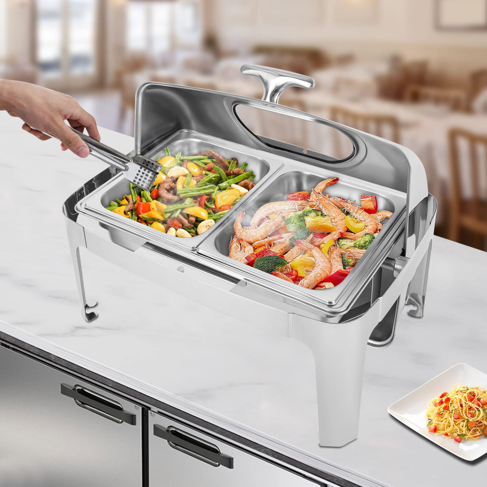Roll Top Chafing Dish Buffet Set 9L/9.54Qt Stainless Steel Buffet Chafing Server Set Rectangular Buffet Chafer and Food Warmer for Catering Event Parties,25.2 * 18.11 * 17.32in (with Visible Window)